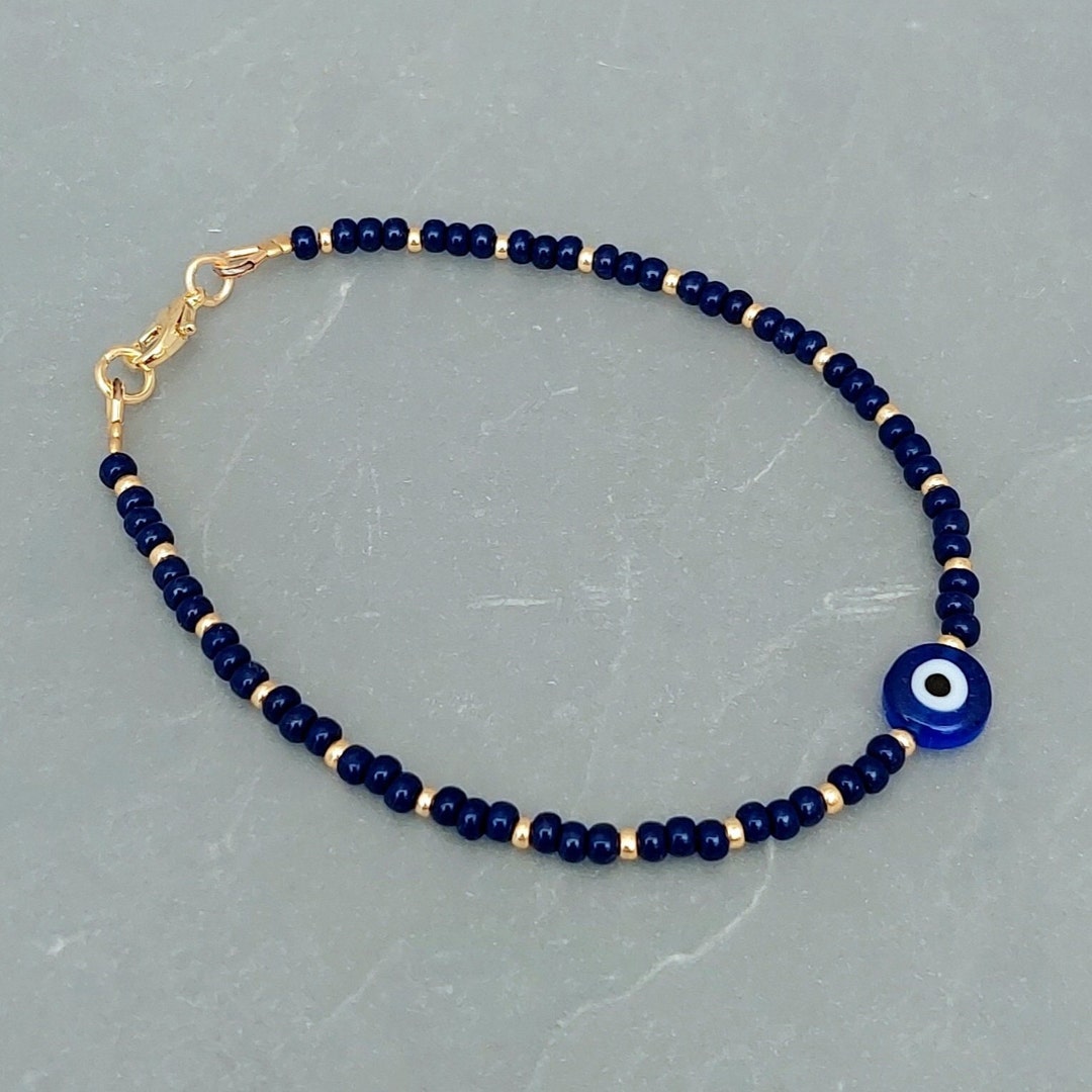 Blue Evil Eye Bracelet - Navy Blue Evil Eye Seed Bead Bracelet - Seed ...