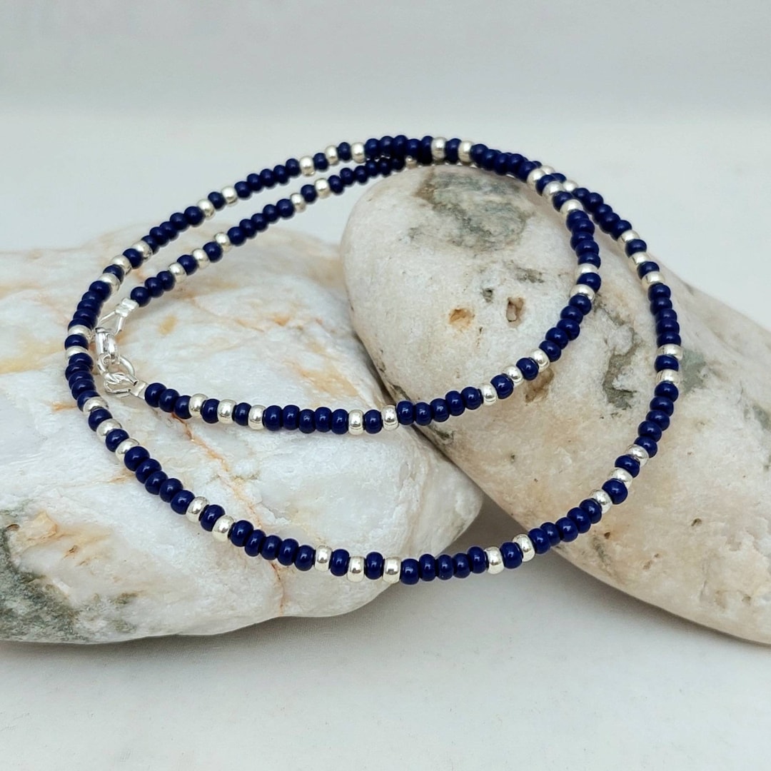 Navy Blue Bead Necklace Handmade Navy Blue Gold / Silver - Etsy UK