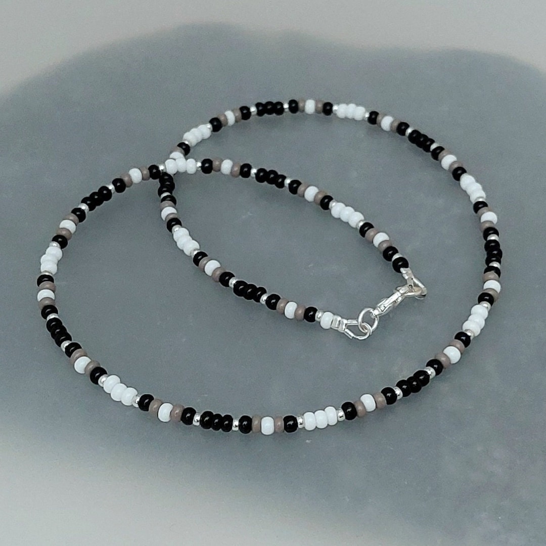 Black Seed Bead Necklace Handmade Black White Grey and Silver Seed Bead ...