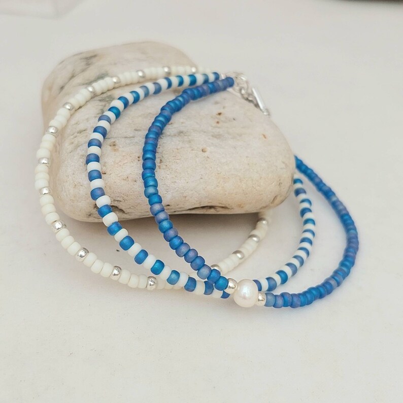 Cornish Blue Bead Bracelet - Blue Seed Bead Freshwater Pearl Bracelet ...