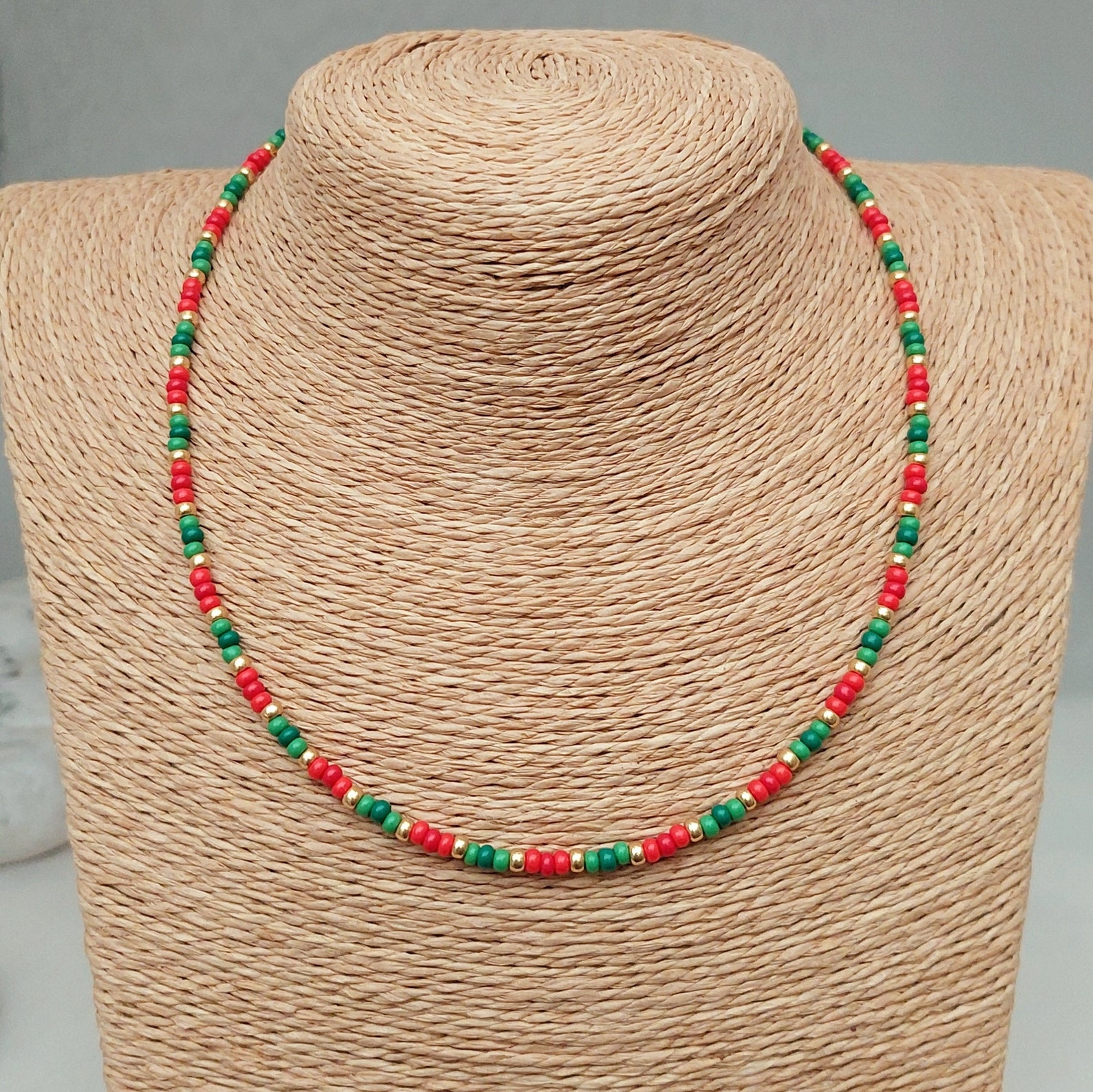 Christmas Seed Bead Necklace - Handmade Red Green Gold Bead Necklace ...
