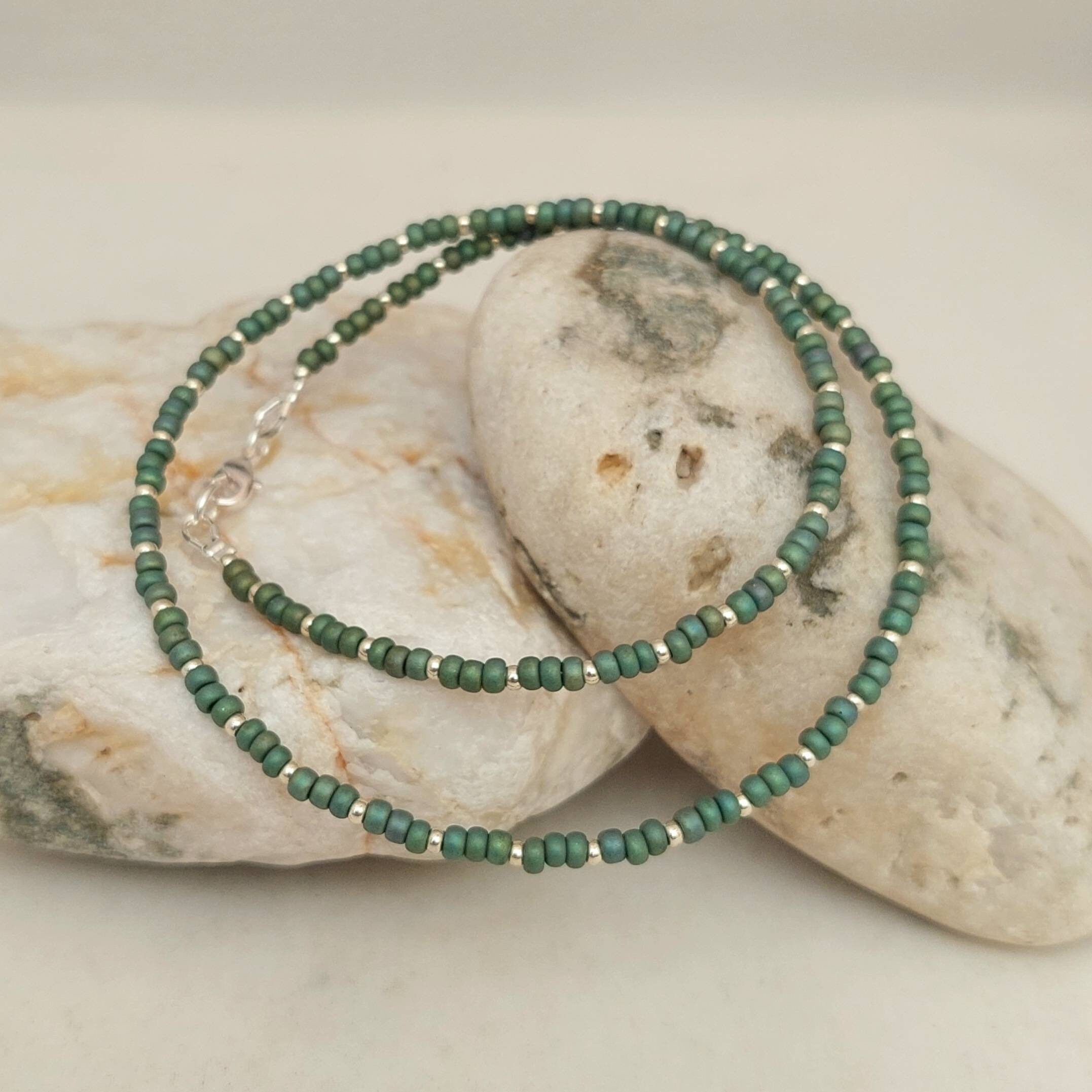 Sage Green Seed Bead Necklace Sage Green Silver Bead | Etsy UK