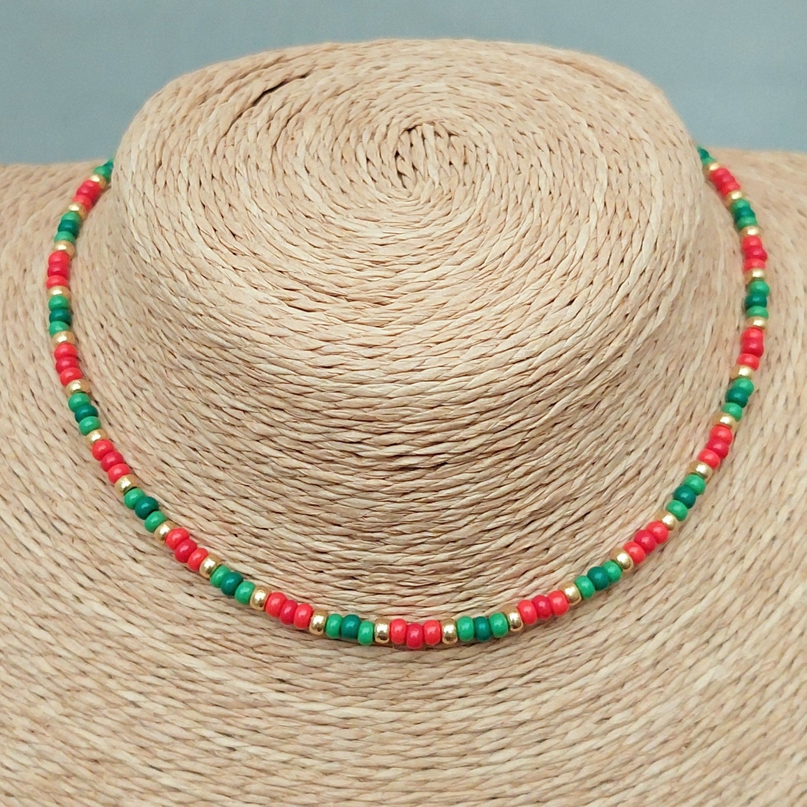 Christmas Seed Bead Necklace - Handmade Red Green Gold Bead Necklace ...