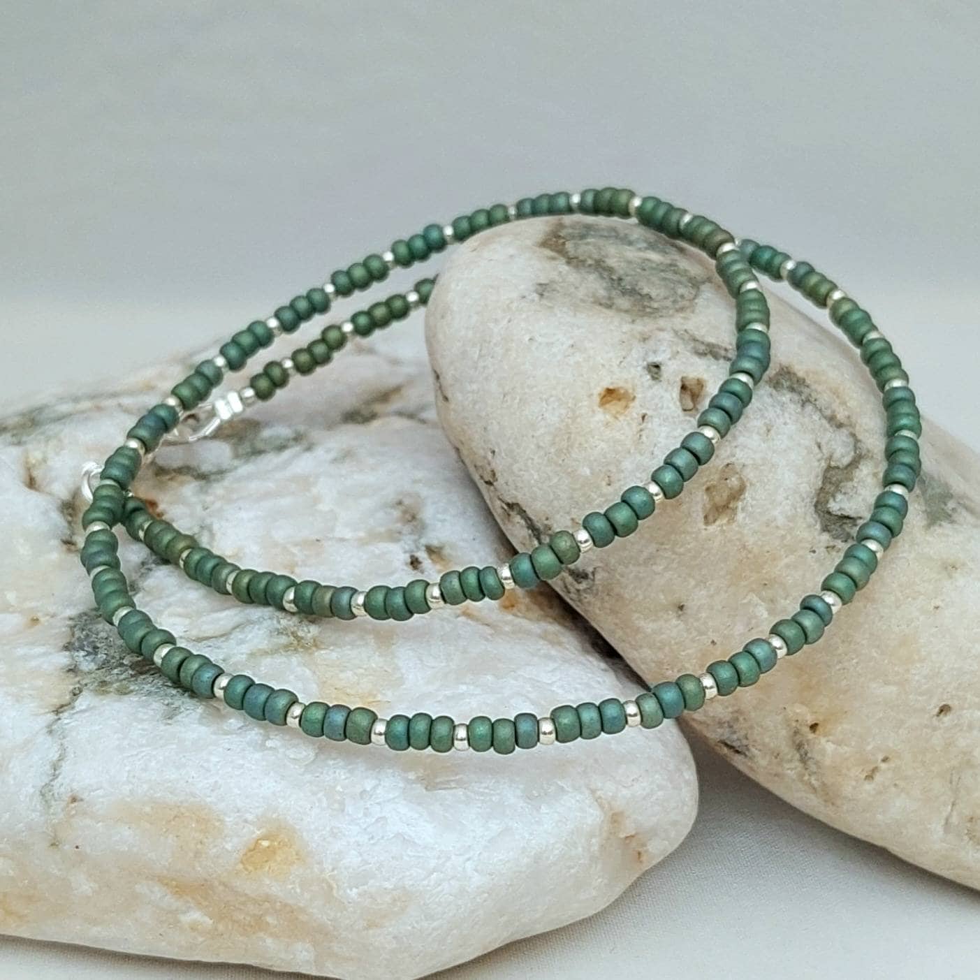 Sage Green Seed Bead Necklace - Sage Green Silver Bead Jewellery - Sage ...