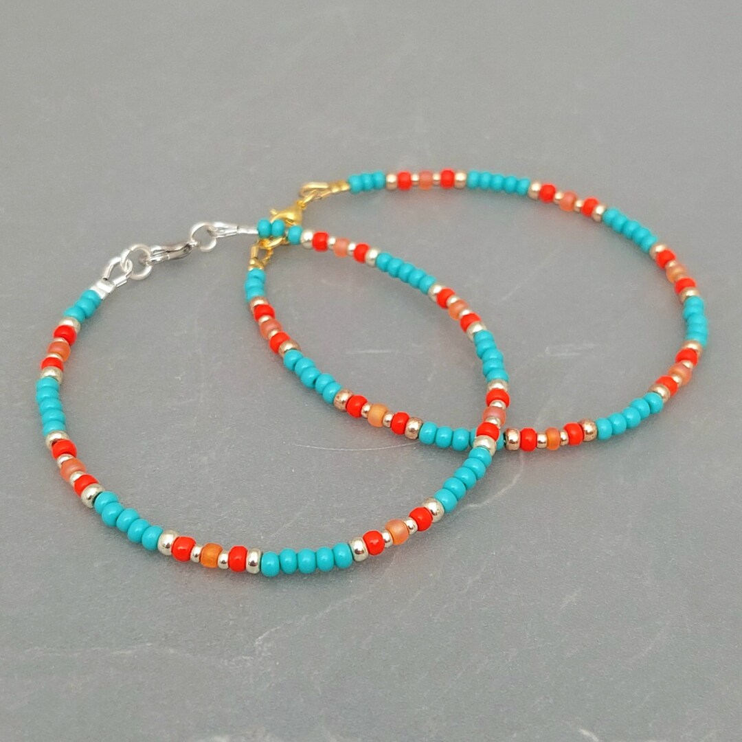 Turquoise Orange Seed Bead Bracelet - Handmade Indie Boho Seed Bead ...