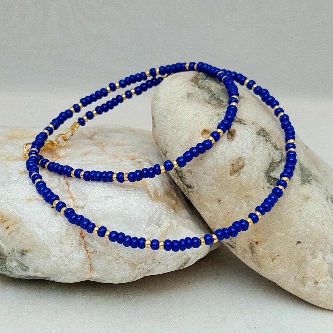 Royal Blue Bead Necklace - Handmade Royal Blue Gold / Silver Seed Bead ...