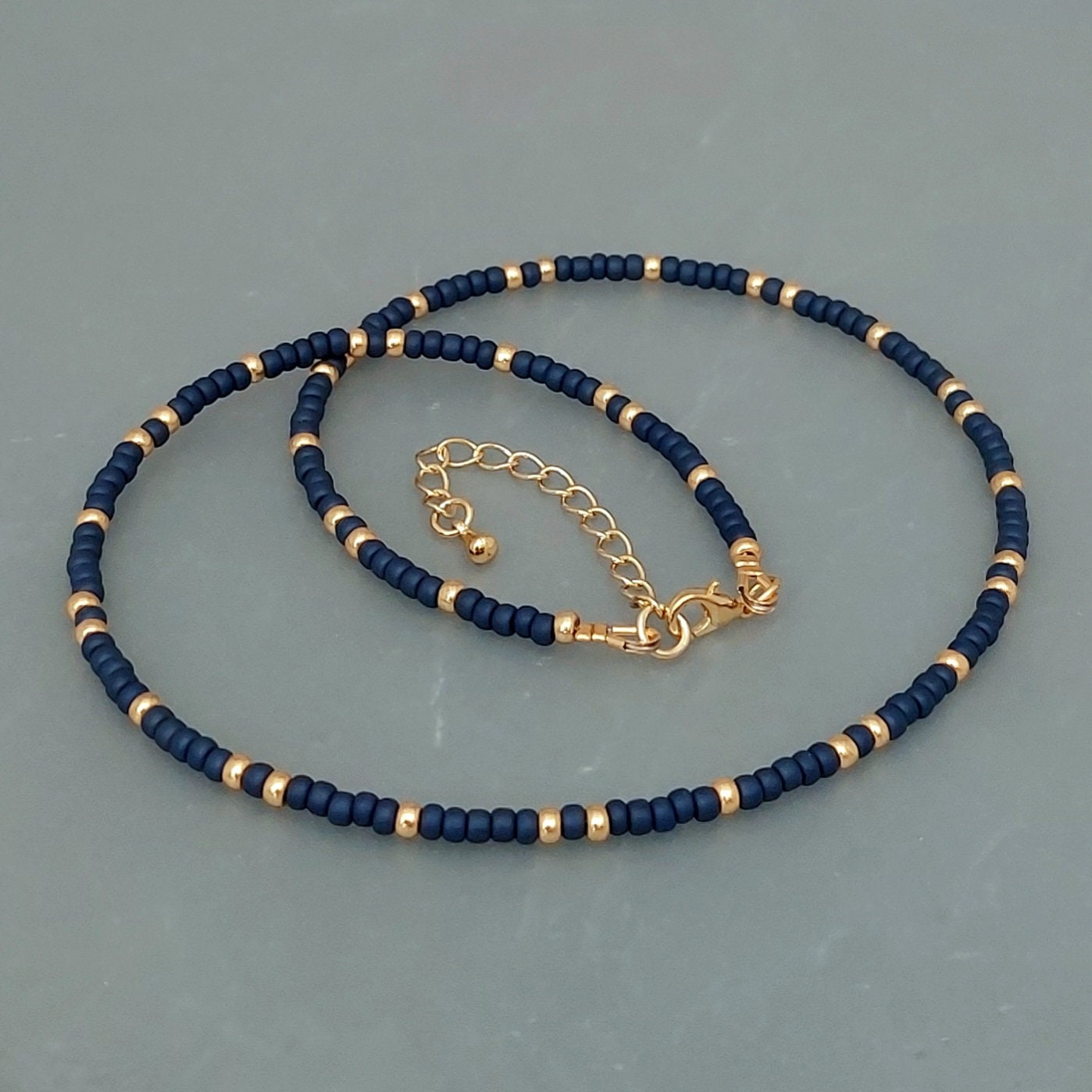 Dark Blue Bead Necklace - Handmade Dark Blue Gold / Silver Seed Bead ...