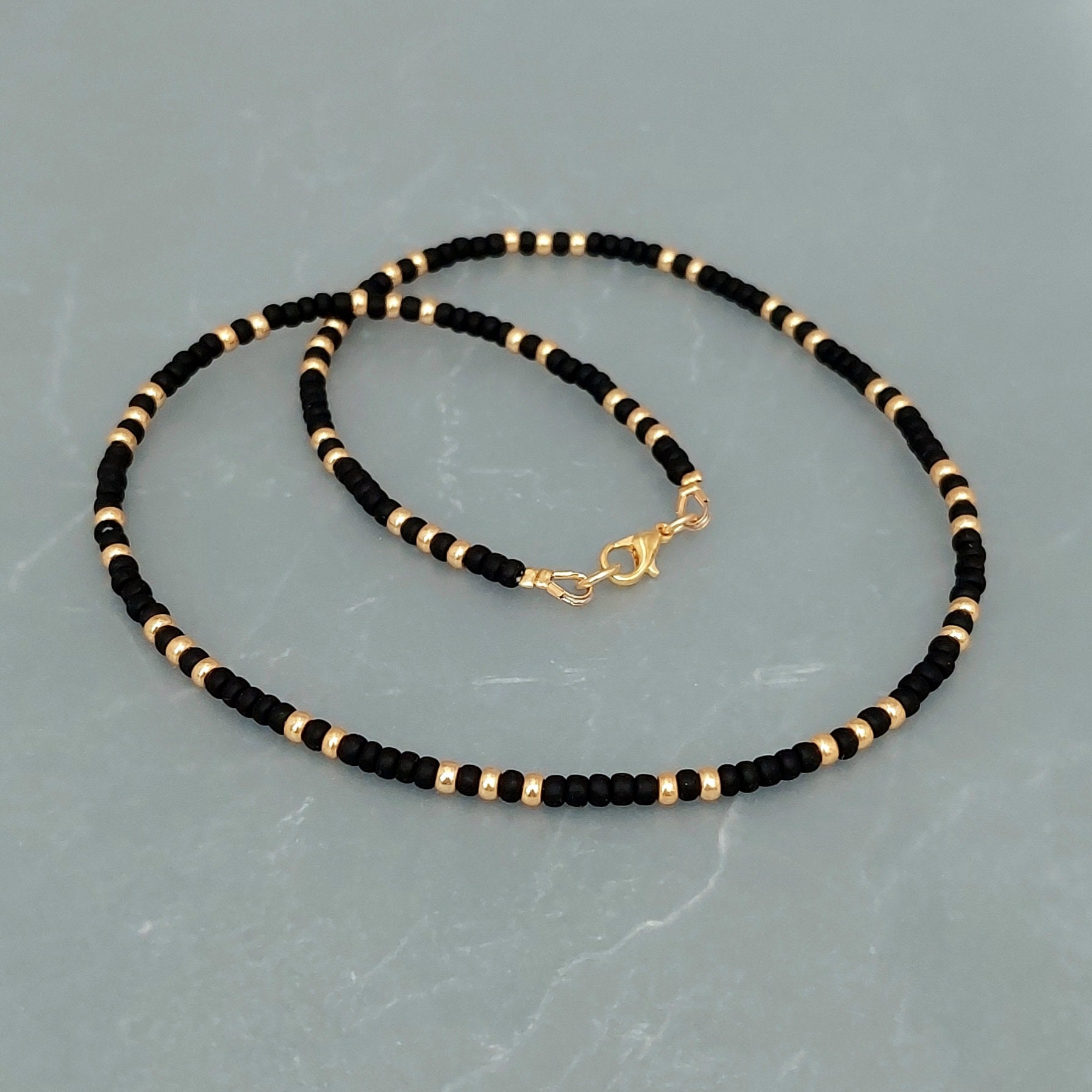 Black Seed Bead Necklace - Handmade Matte Black Gold / Silver Seed Bead ...