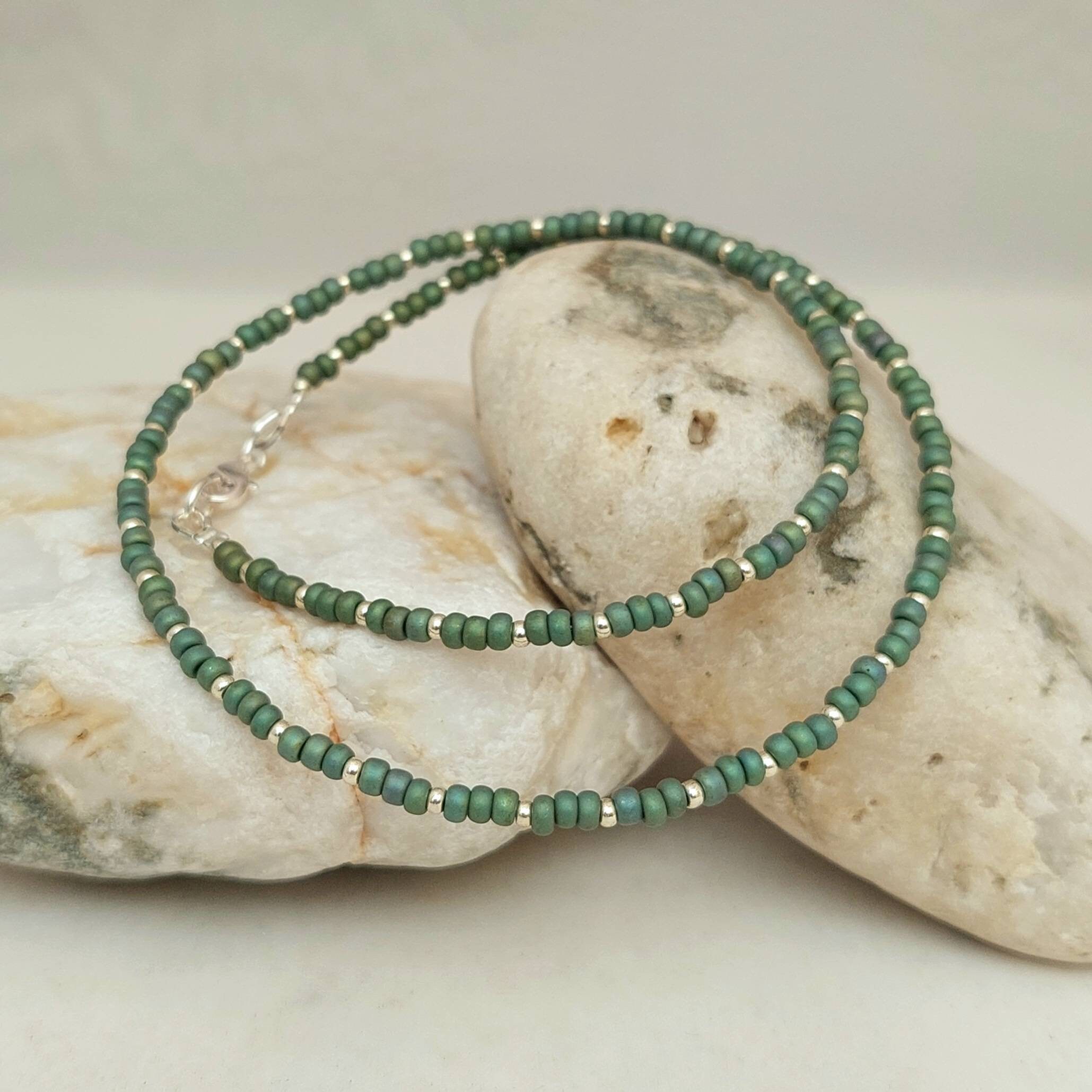 Sage Green Seed Bead Necklace Sage Green Silver Bead - Etsy UK