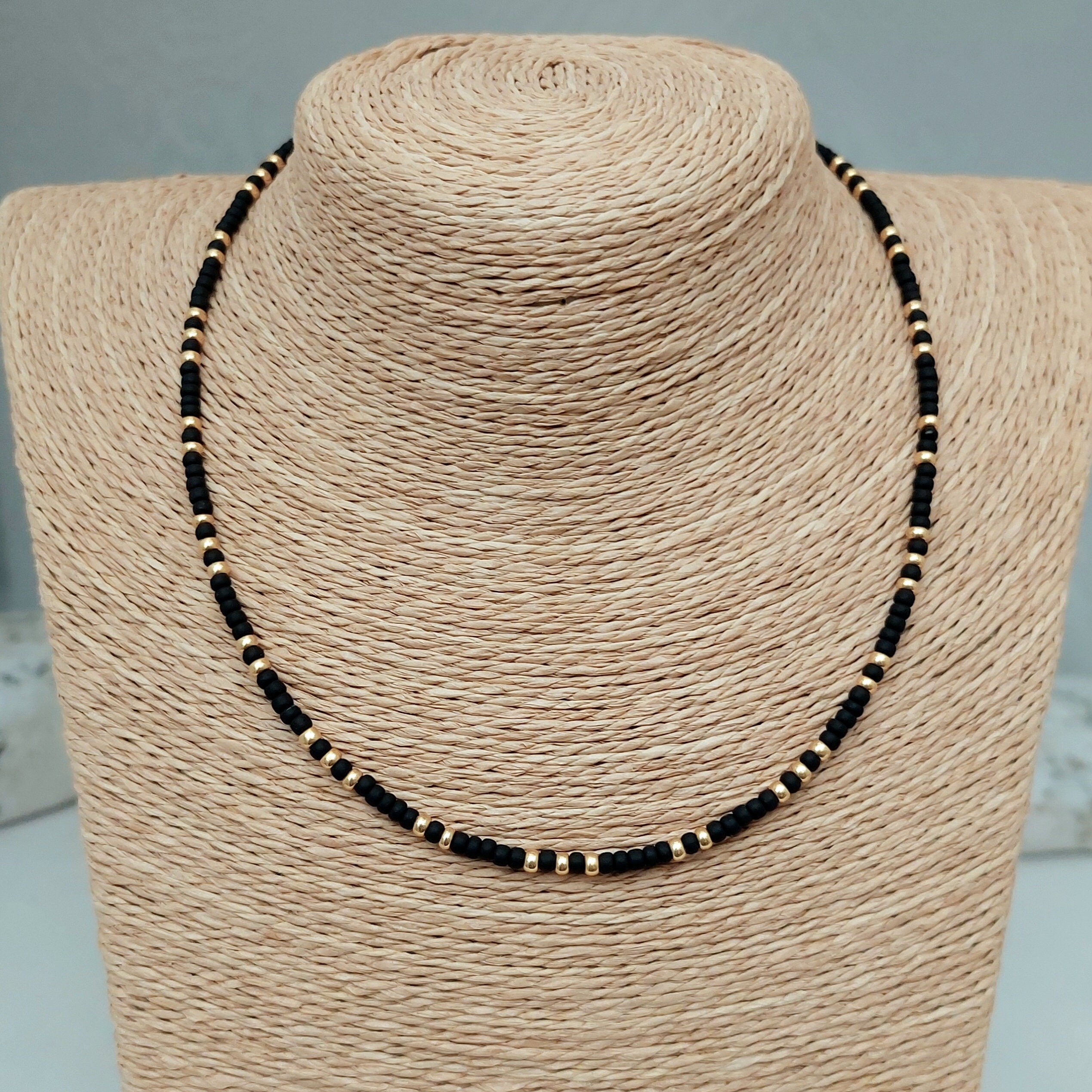 Black Seed Bead Necklace - Handmade Matte Black Gold / Silver Seed Bead ...