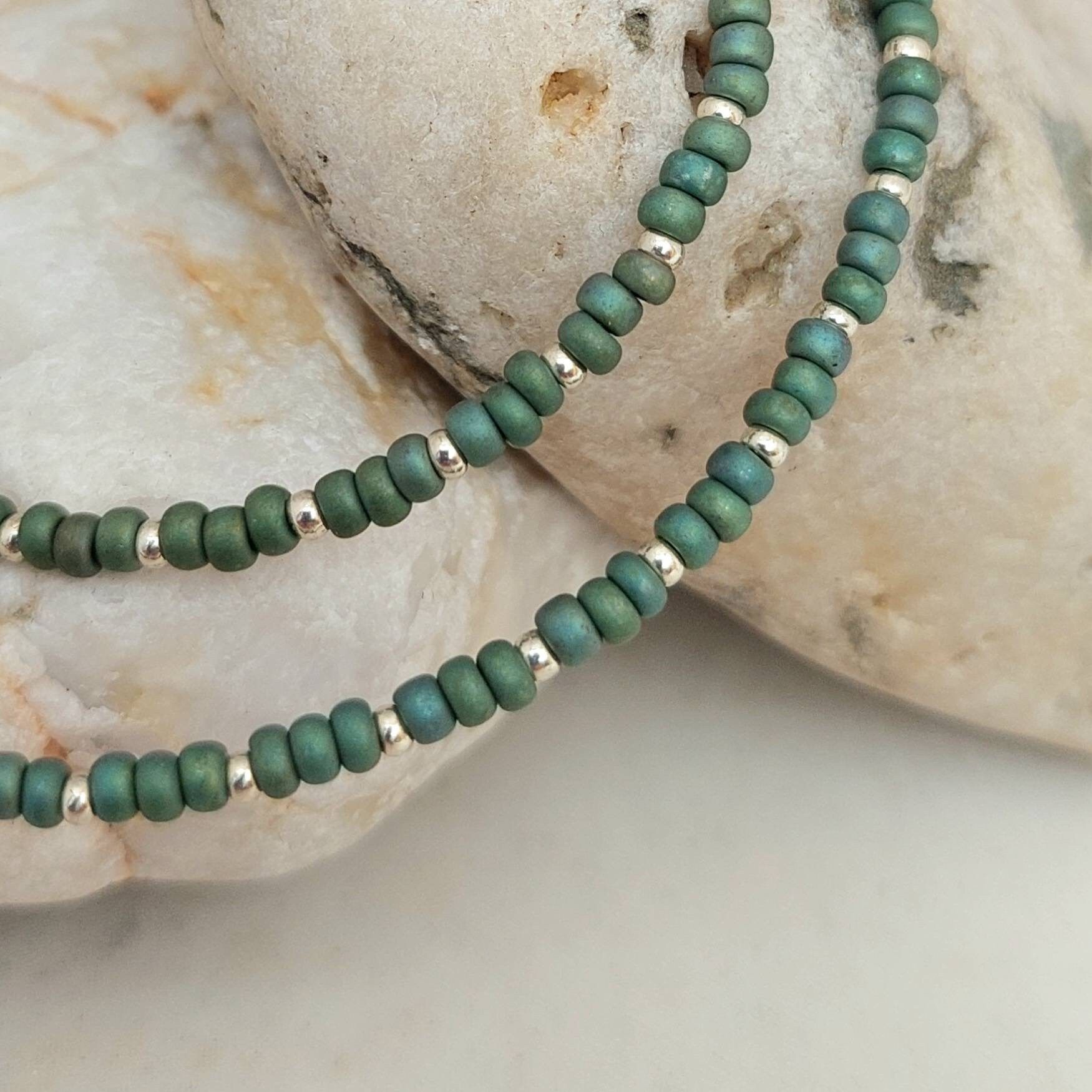 Sage Green Seed Bead Necklace - Sage Green Silver Bead Jewellery - Sage ...