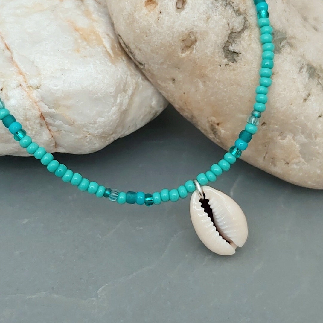 Cowrie Shell Beach Necklace - Turquoise Bead Shell Necklace Jewellery ...