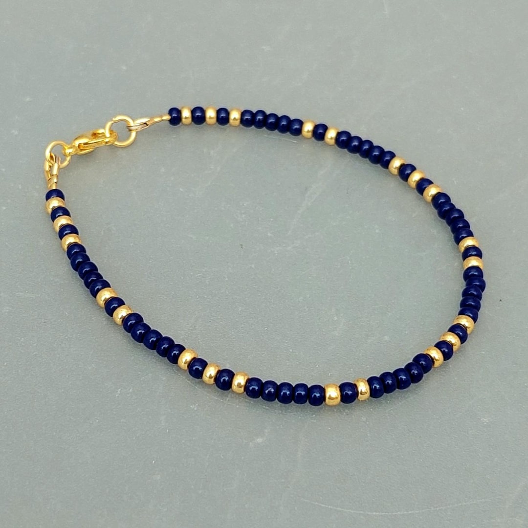 Navy Blue Bead Bracelet - Handmade Navy Blue Seed Bead Jewellery - Navy ...