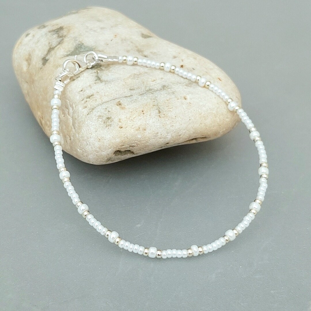 Dainty White Beaded Bracelet - White Silver Gold Seed Bead Bracelet ...