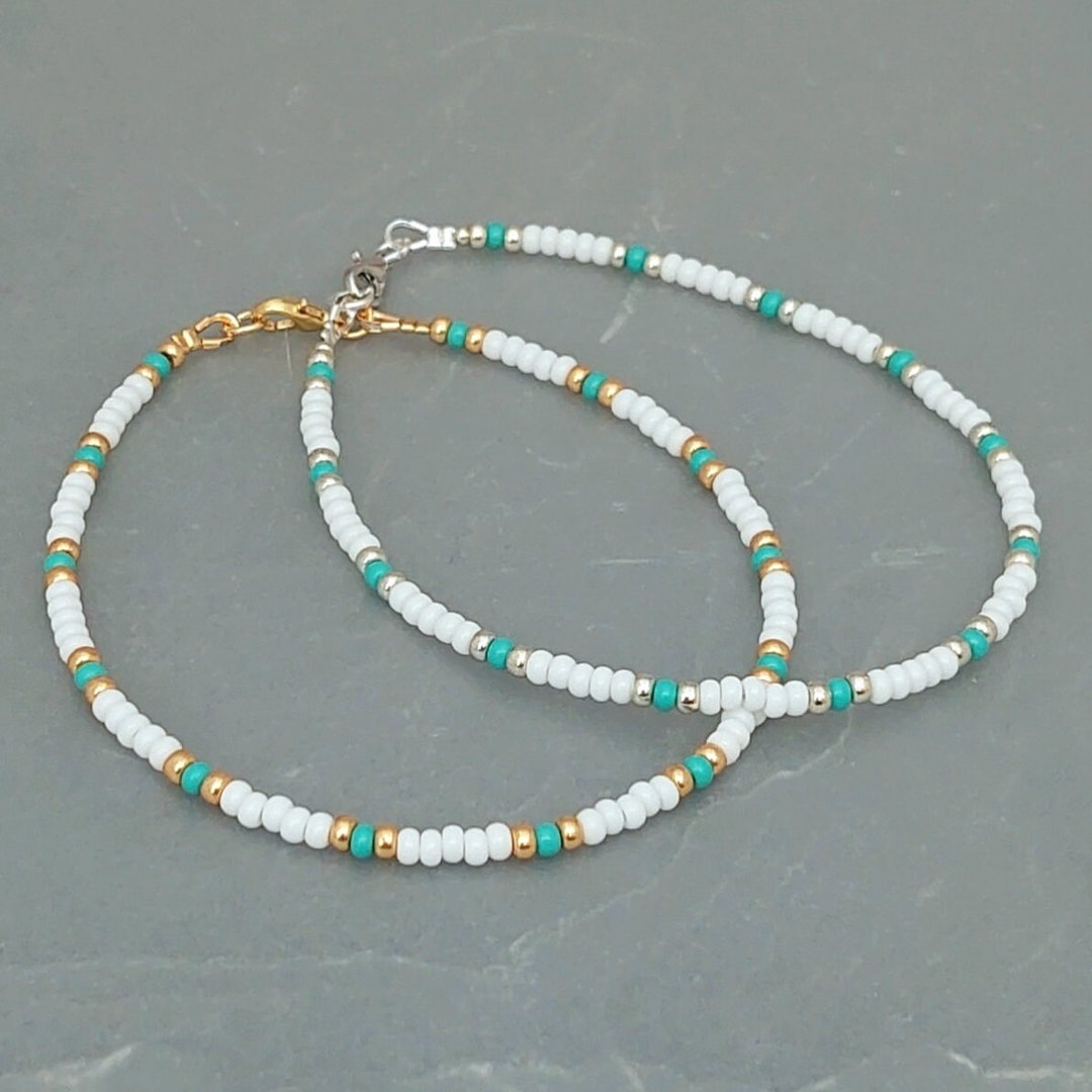 White Turquoise Seed Bead Anklet - White Turquoise Gold Silver Beach ...