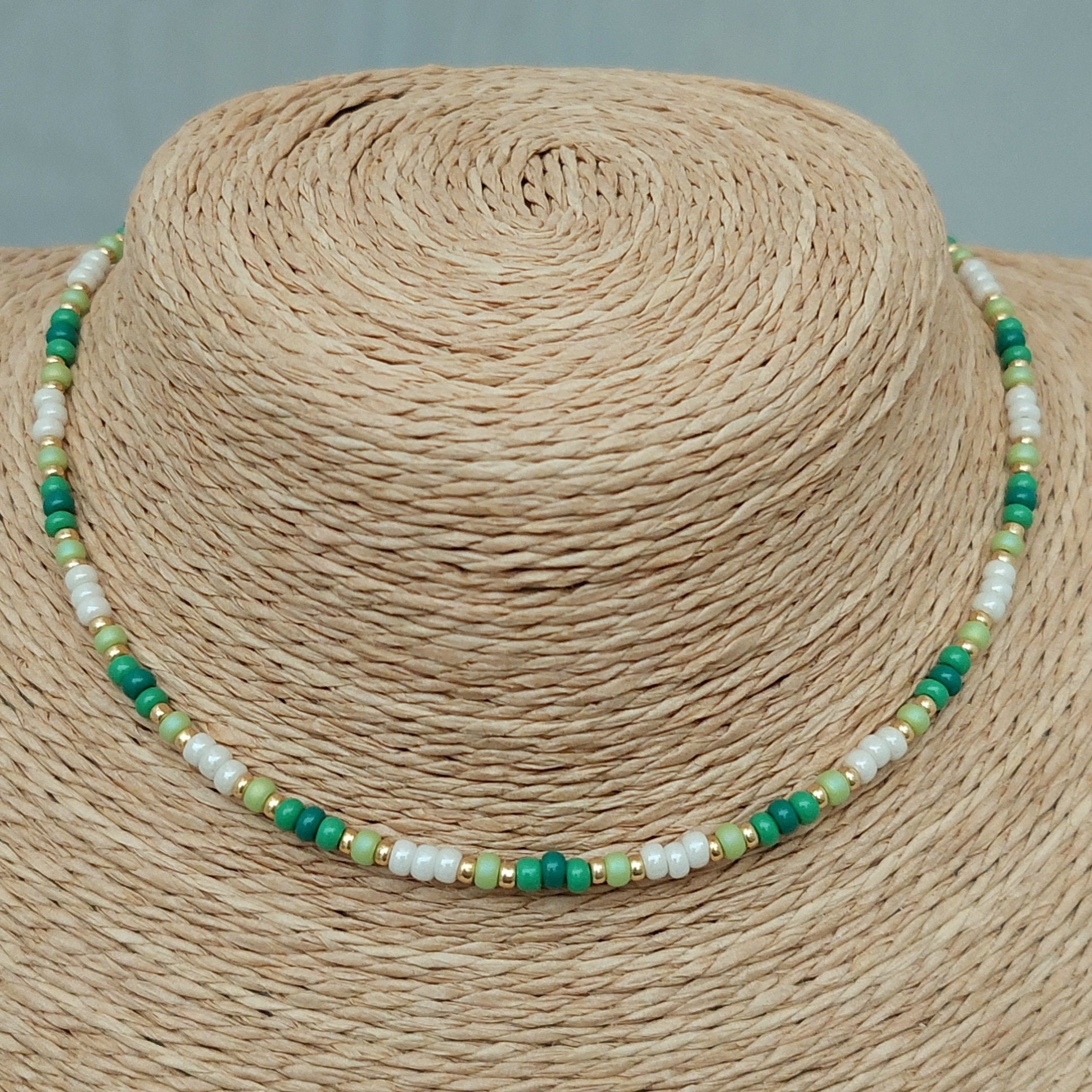 Green Gold Seed Bead Necklace Handmade Green Bead Jewellery - Etsy