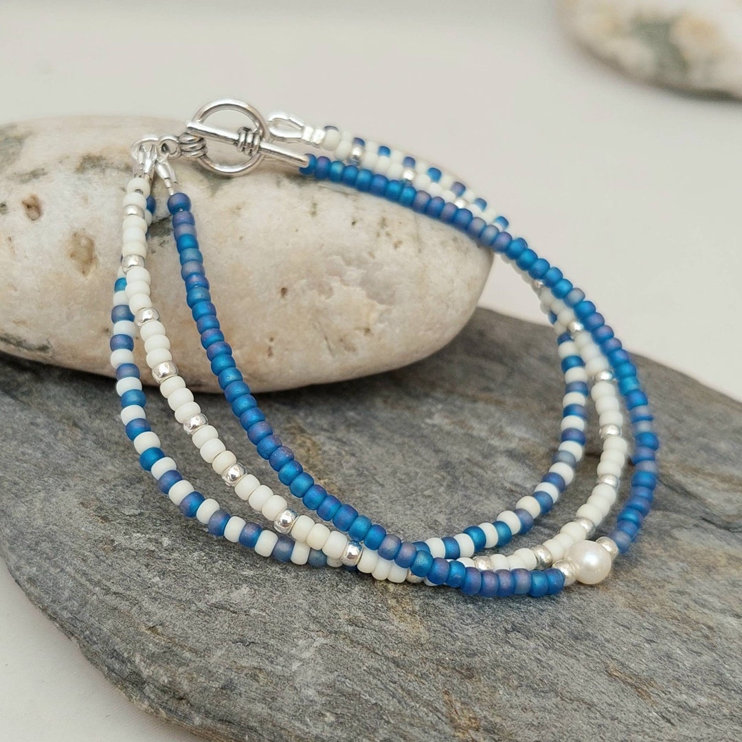 Cornish Blue Bead Bracelet - Blue Seed Bead Freshwater Pearl Bracelet ...