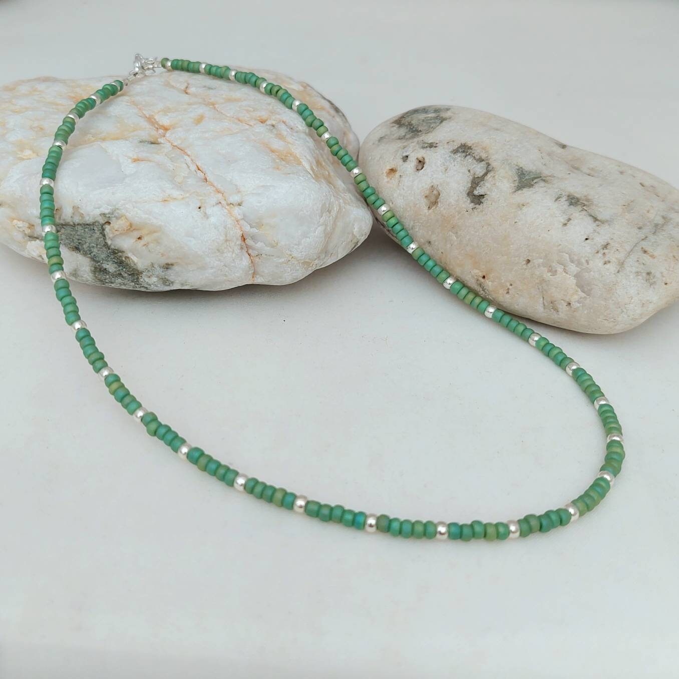 Green Seed Bead Necklace Handmade Green Gold Silver Seed - Etsy UK