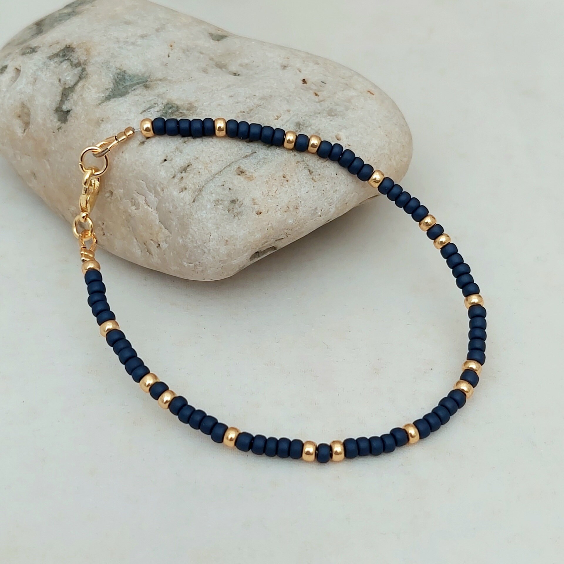 Dark Blue Bead Bracelet - Handmade Dark Blue Seed Bead Jewellery - Dark ...
