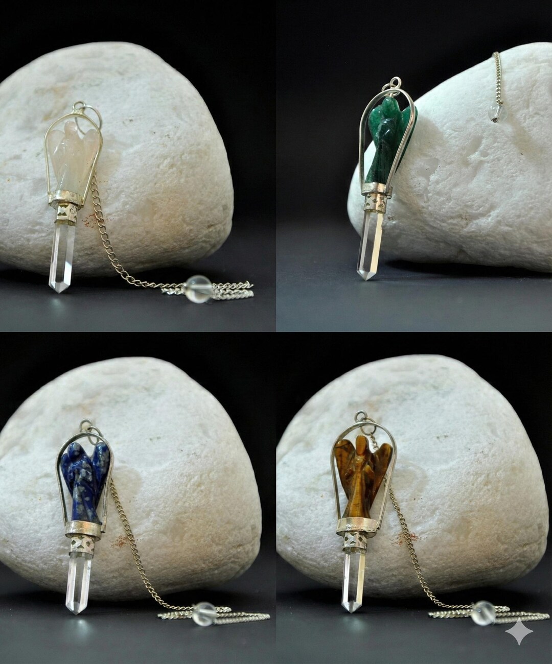 Gemstone Angel Figurine & Crystal Pencil Silver Plated Dowsing Pendulum ...