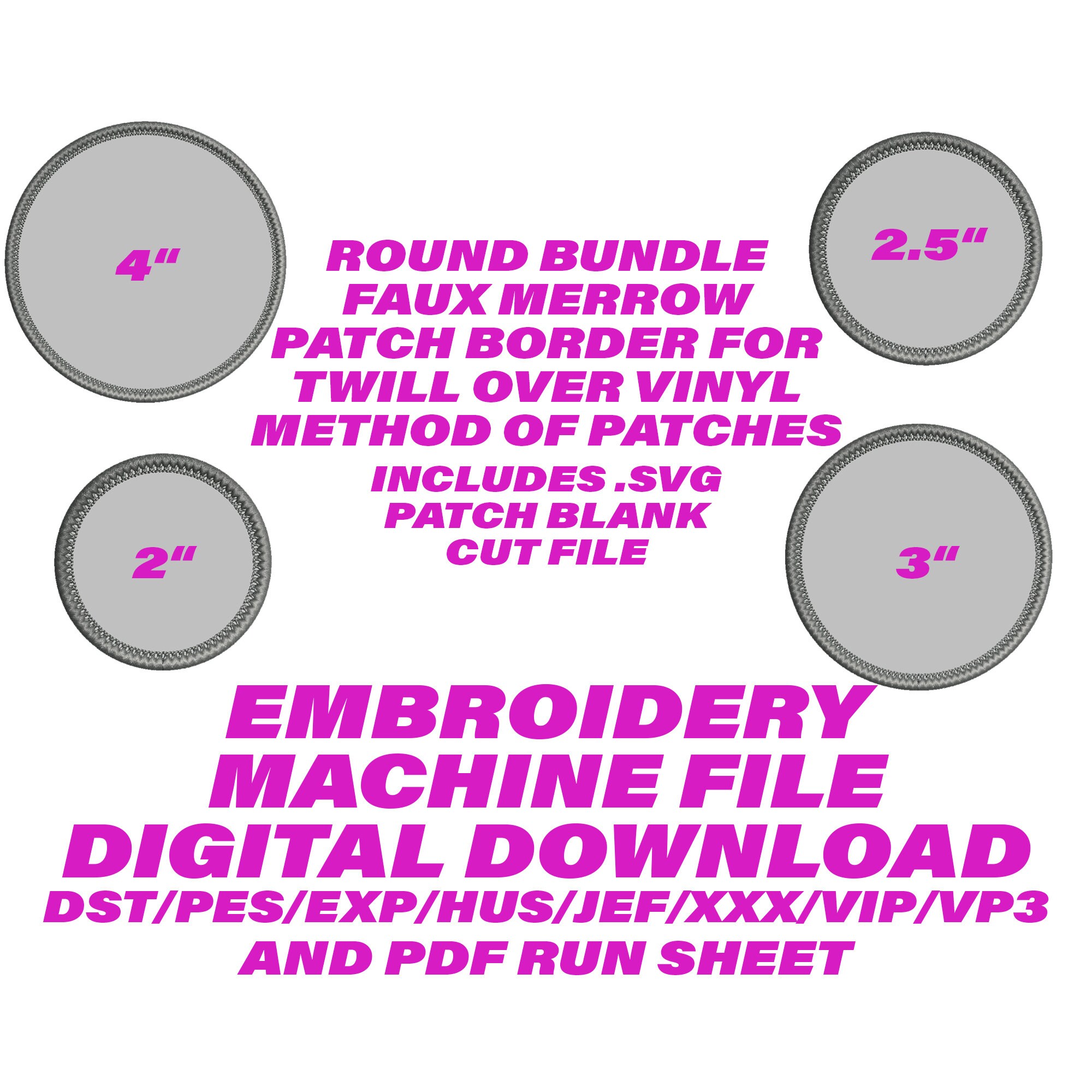 Round Bundle 2, 2.5, 3, 4 Faux Merrow Border Files for Twill Over Vinyl ...