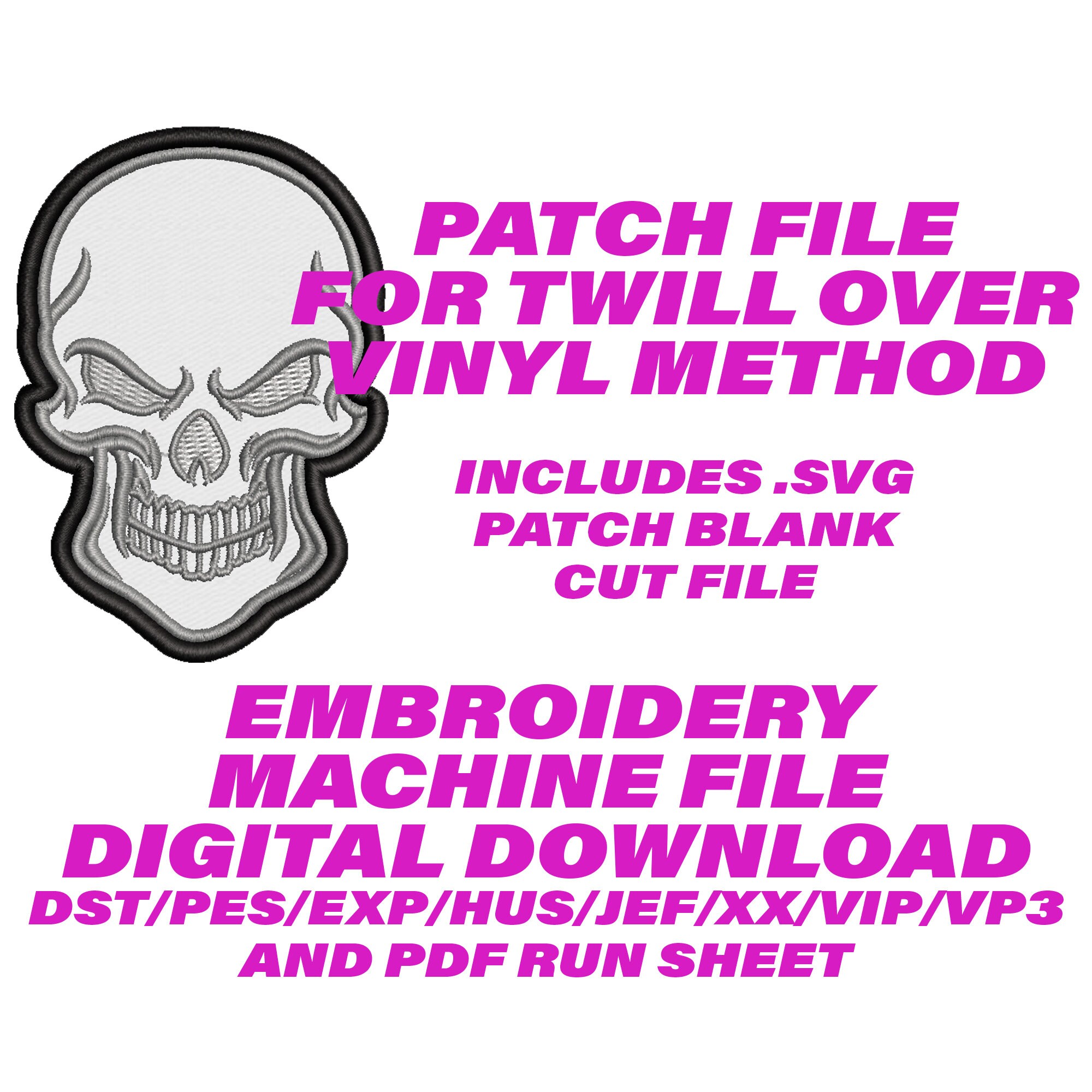 Skull Embroidery Patch Run File for Twill Over Vinyl Machine Embroidery ...