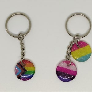 2-charm Round Keychain - LGBTQ+ Handmade Holographic Glitter Pride Flag ...