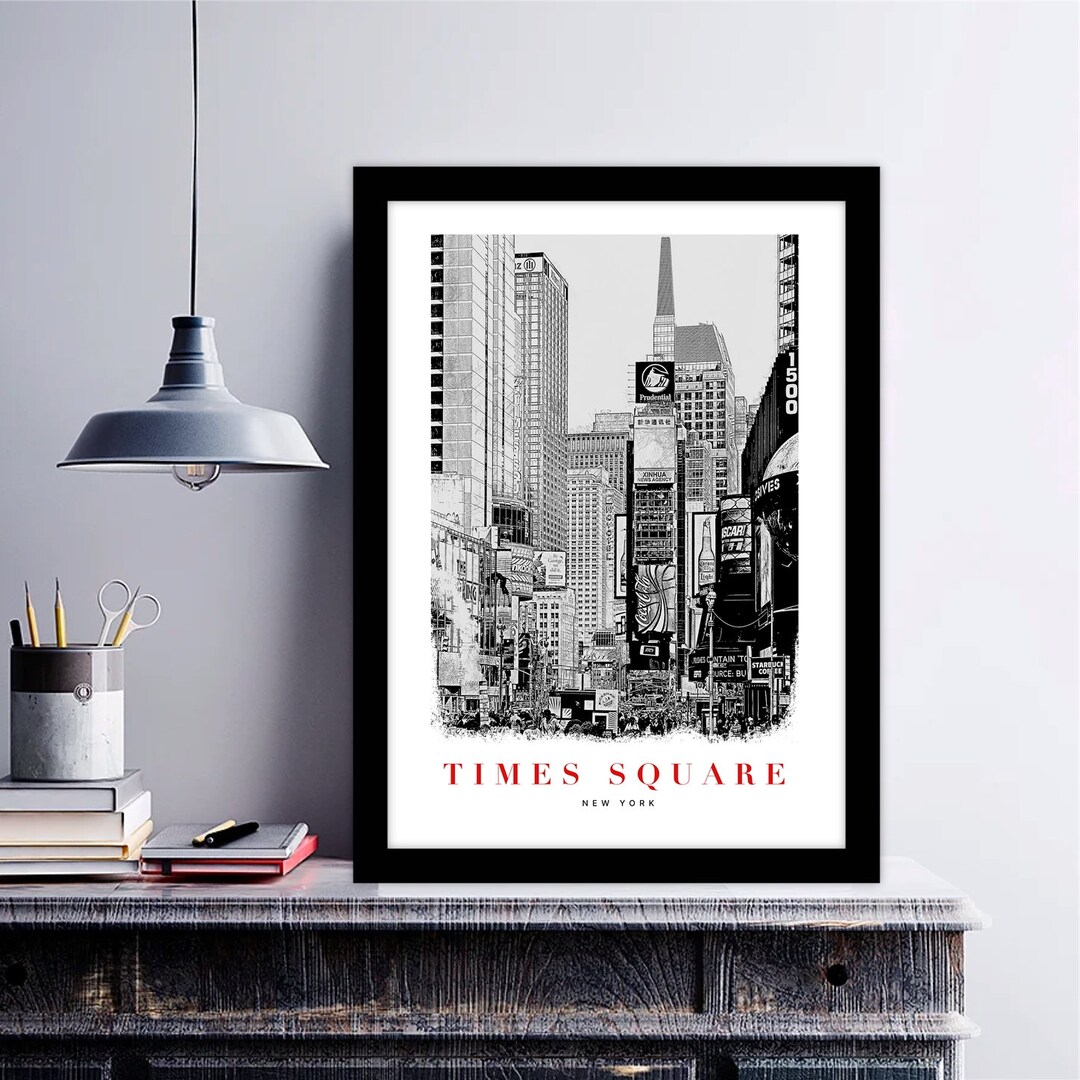 Times Square New York B_W Sketch Art Style Travel Poster Wall - Etsy