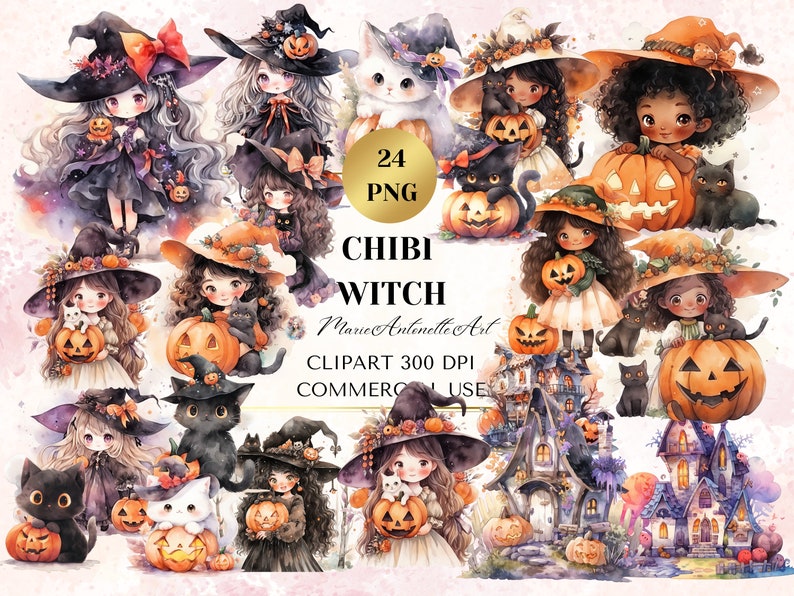 Chibi Witch Watercolor Clipart, Digital Clipart Bundle, Clipart Bundle ...