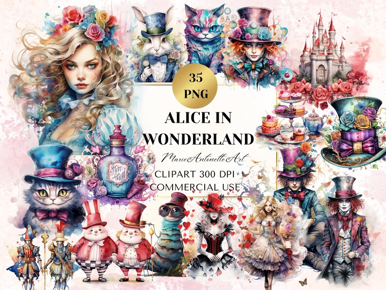 Alice in Wonderland Watercolor Clipart, Digital Clipart Bundle, Fairy ...