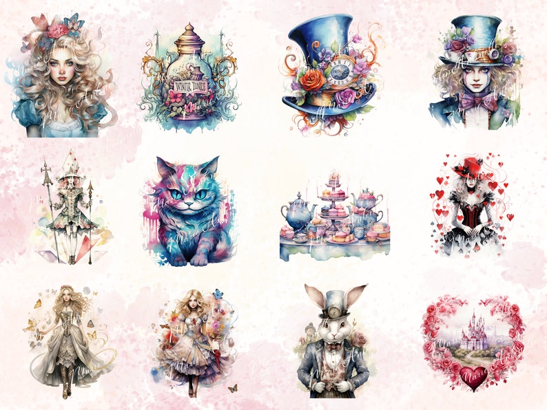 Alice in Wonderland Watercolor Clipart, Digital Clipart Bundle, Fairy ...