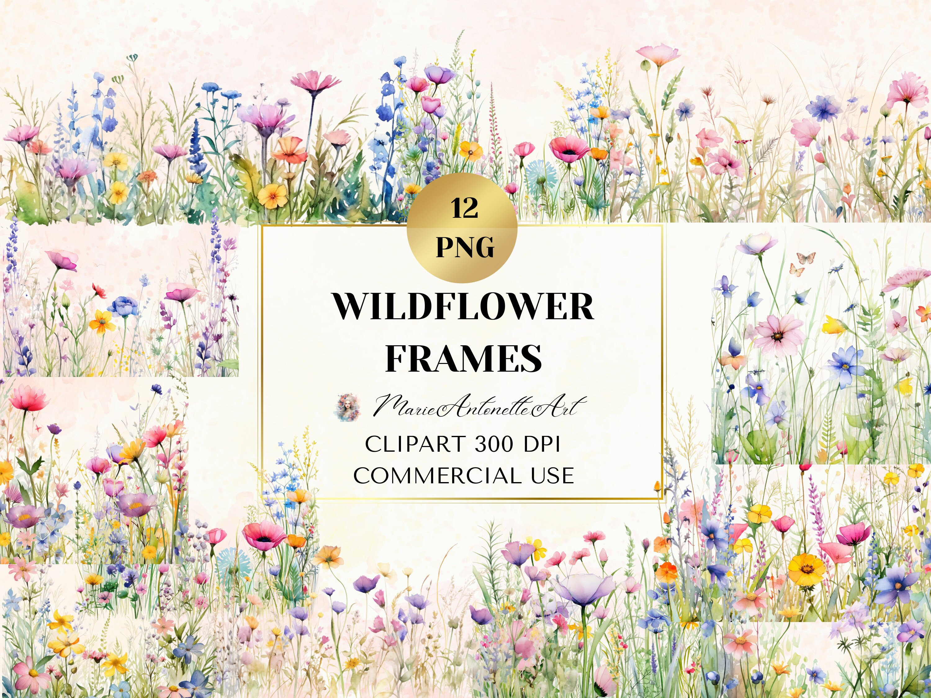 Wildflower Frames, Invitation Borders, Digital Clipart Bundle, Watercolor Borders, Wedding ...