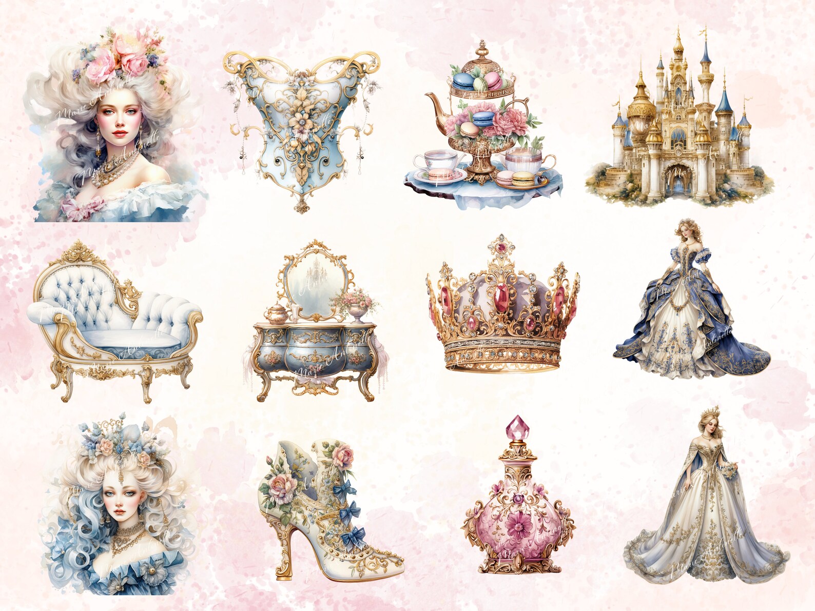 Marie Antoinette Watercolor Clipart, Princess Digital Watercolor PNG ...