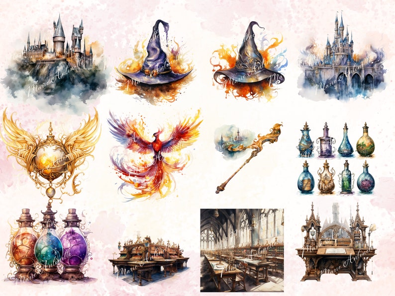 Wizarding School Watercolor Clipart, Digital Clipart Bundle, Wizard ...