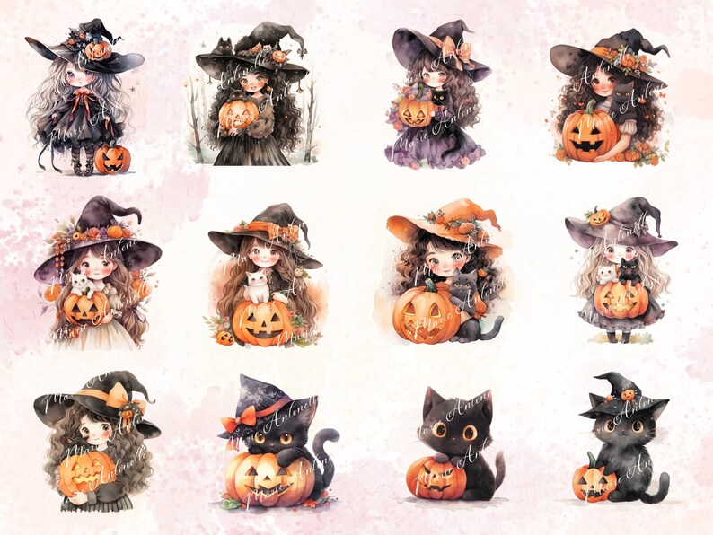 Witches Watercolor Clipart Bundle, Chibi Witch Watercolor Clipart ...