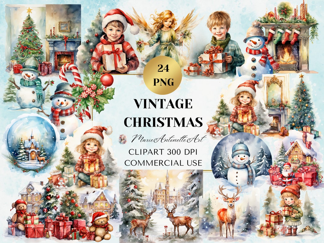 Vintage Christmas Watercolor Clipart Bundle, Digital Clipart Bundle ...