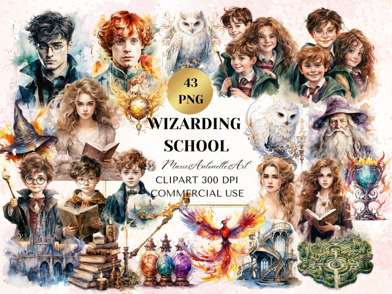 Wizarding School Watercolor Clipart, Digital Clipart Bundle, Wizard ...