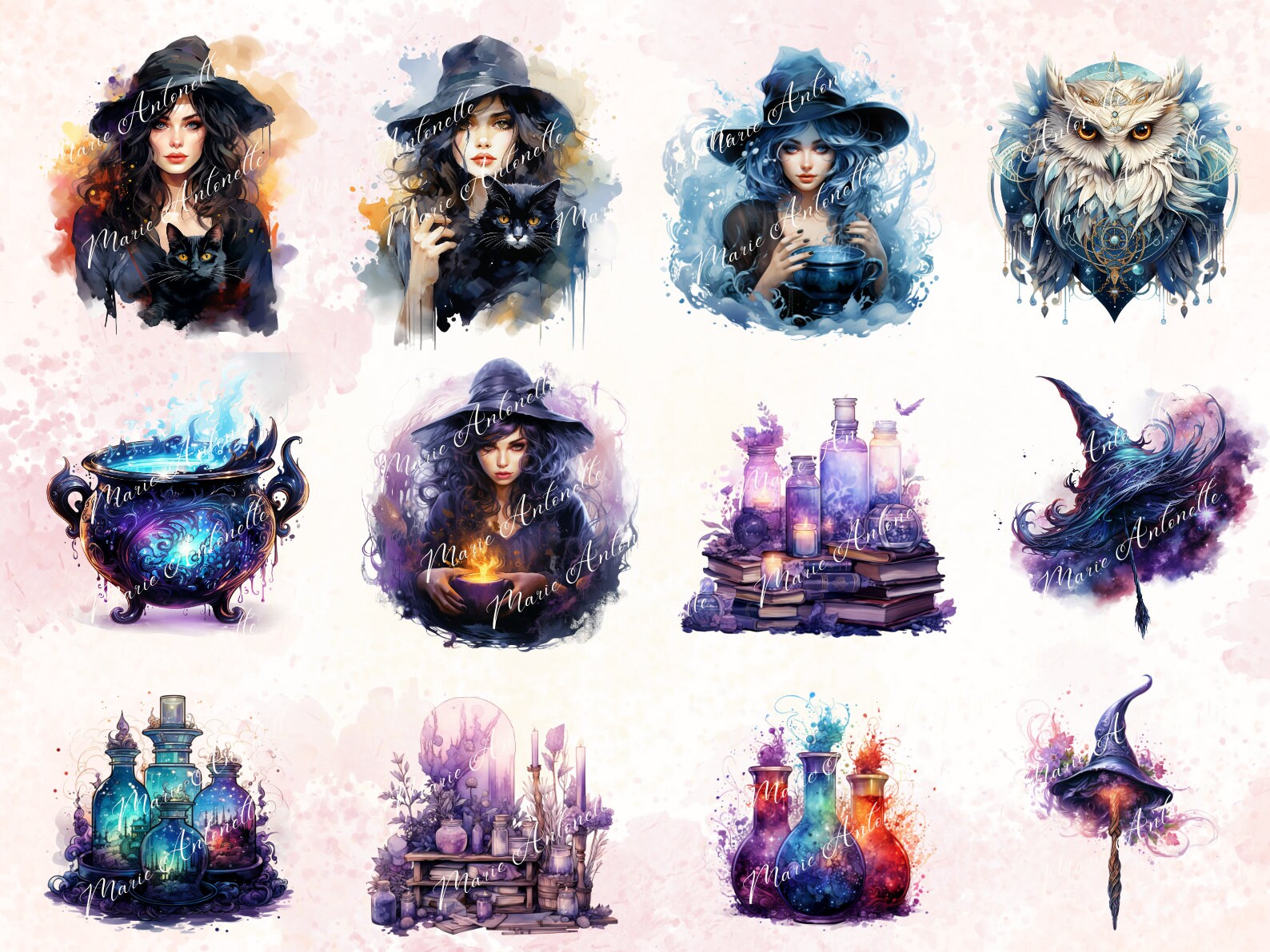 Witches Watercolor Clipart Bundle, Chibi Witch Watercolor Clipart ...