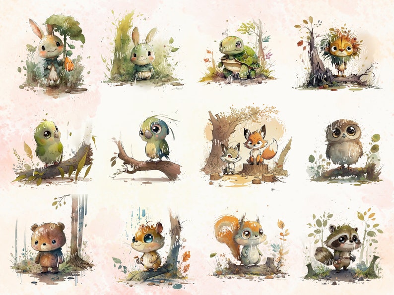 Animals in the Forest Watercolor Clipart Bundle, Digital Clipart Bundle ...