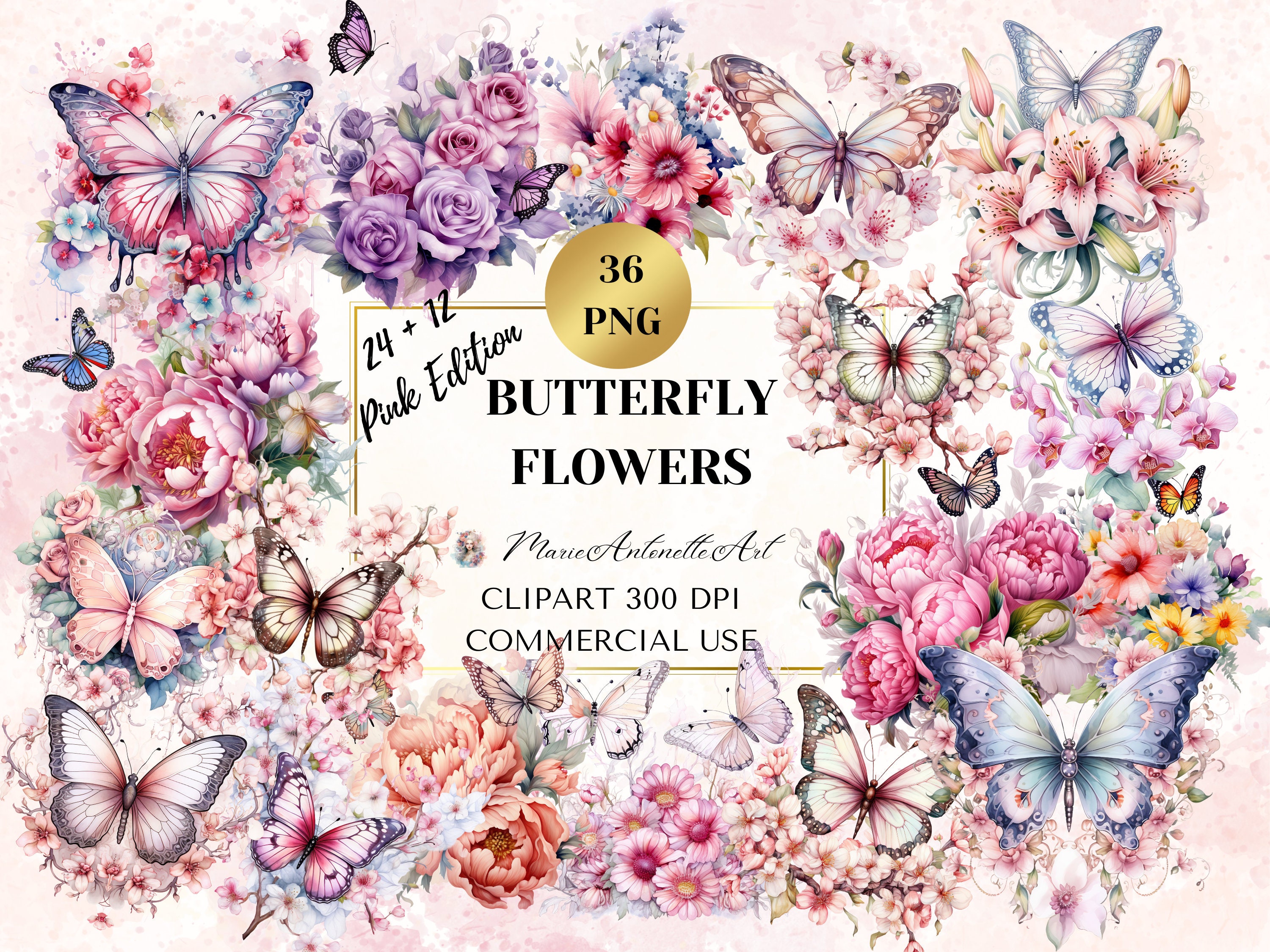 Pink Butterfly Flowers Watercolor Clipart Bundle, Butterfly Florals ...