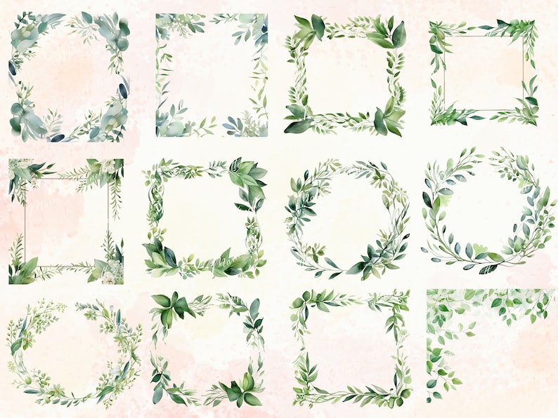 Greenery Frames Watercolor Borders, Foliage Clipart, Wedding Clipart ...