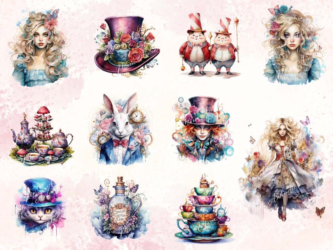 Alice in Wonderland Watercolor Clipart, Digital Clipart Bundle, Fairy ...