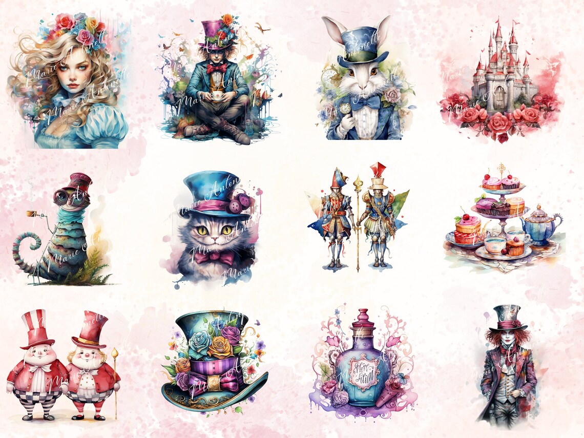 Alice in Wonderland Watercolor Clipart, Digital Clipart Bundle, Fairy ...