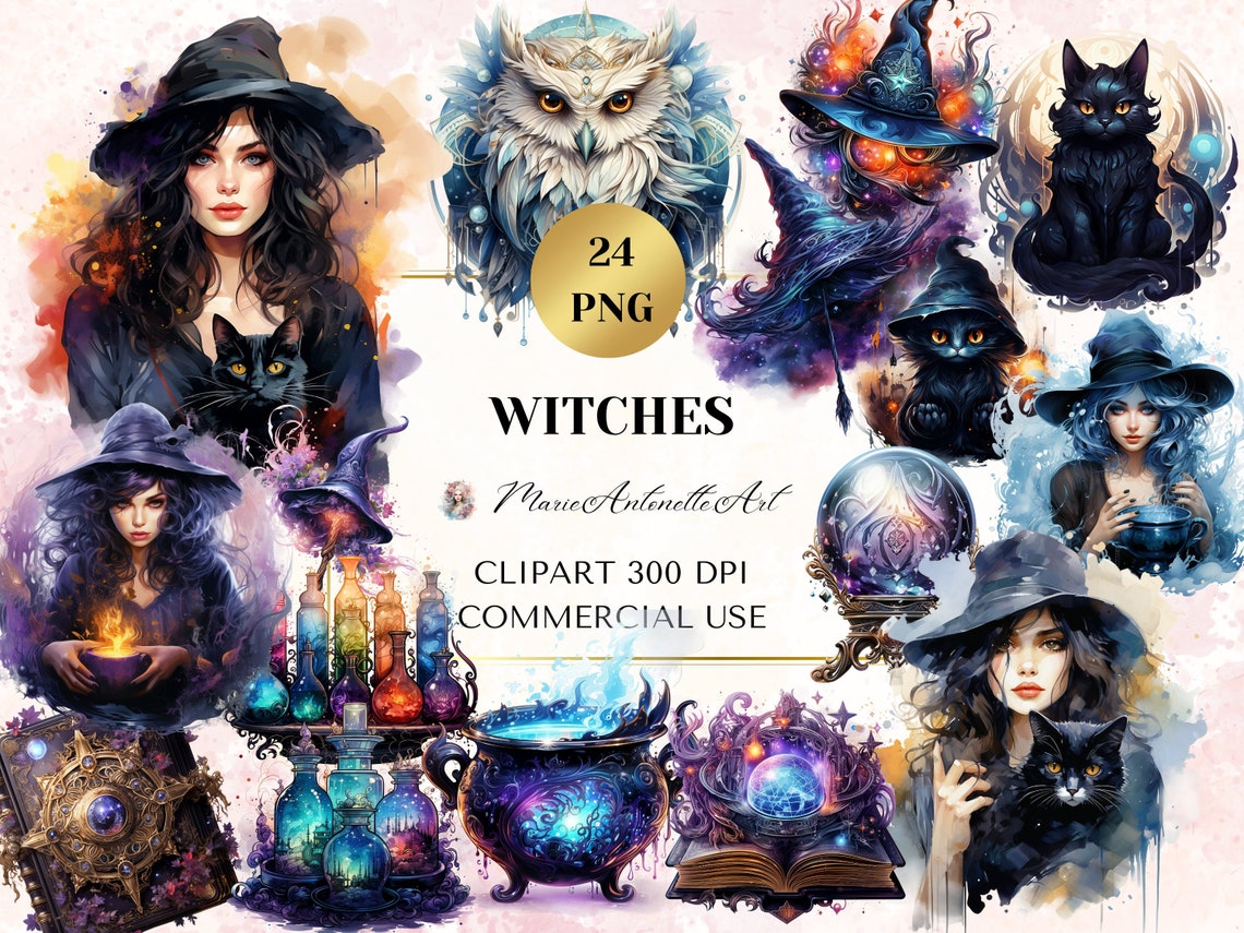 Witches Watercolor Clipart, Digital Clipart Bundle, Witch Bundle PNG ...