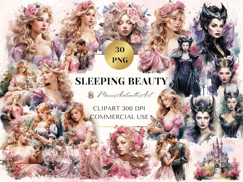 Sleeping Beauty Watercolor Clipart, Digital Clipart Bundle, Fairy Tale ...