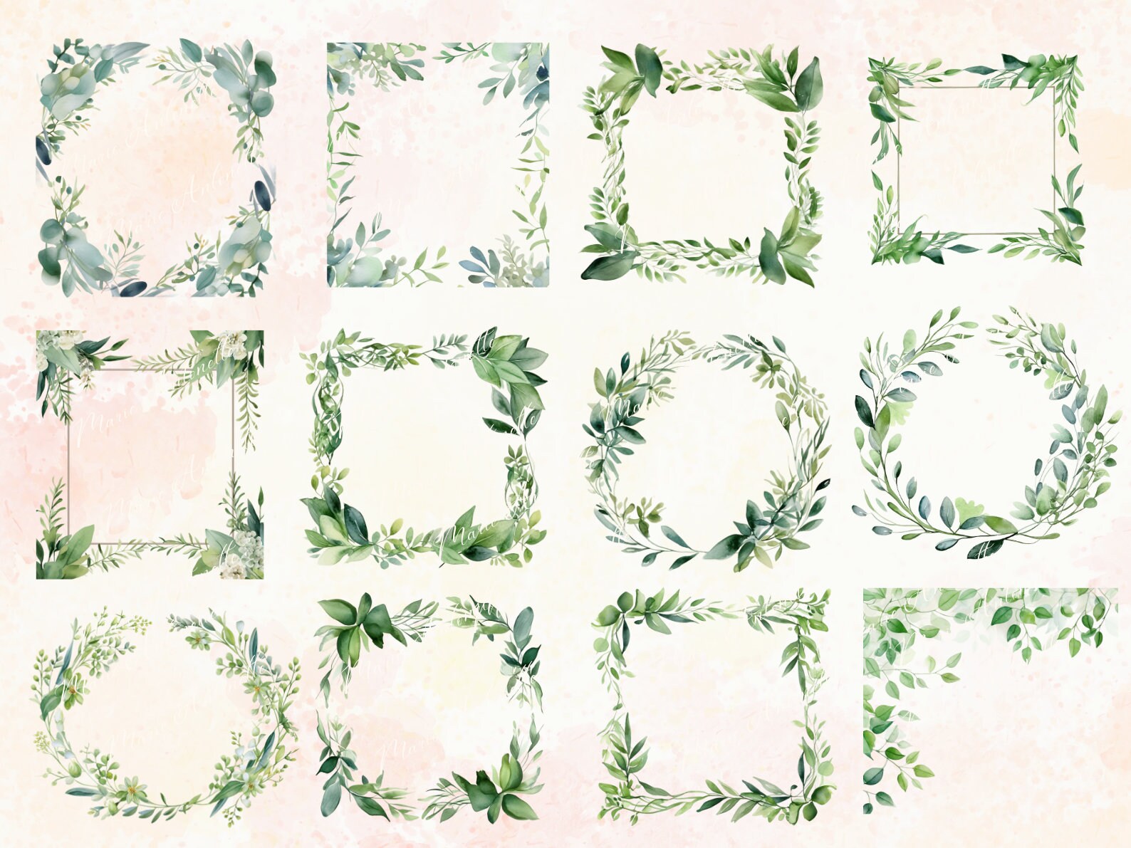 Greenery Frames Watercolor Borders Clipart Digital Clipart - Etsy