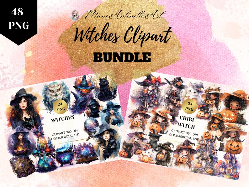 Witches Watercolor Clipart Bundle, Chibi Witch Watercolor Clipart ...