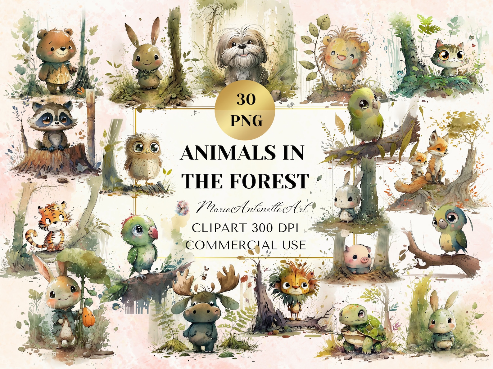 Animals in the Forest Watercolor Clipart Bundle, Digital Clipart Bundle ...