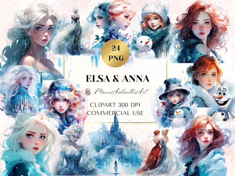 Elsa & Anna Watercolor Clipart Bundle, Digital Clipart Bundle, Fairy ...