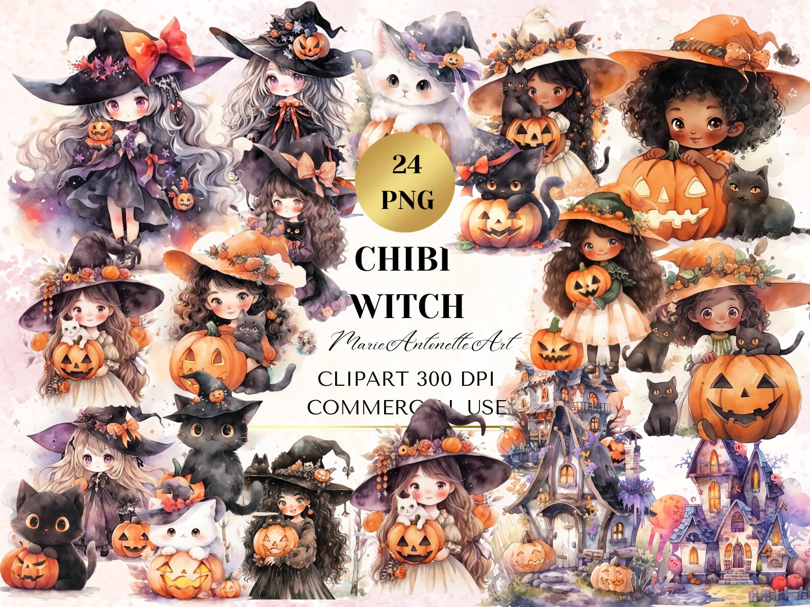 Chibi Witch Watercolor Clipart Digital Clipart Transparent - Etsy